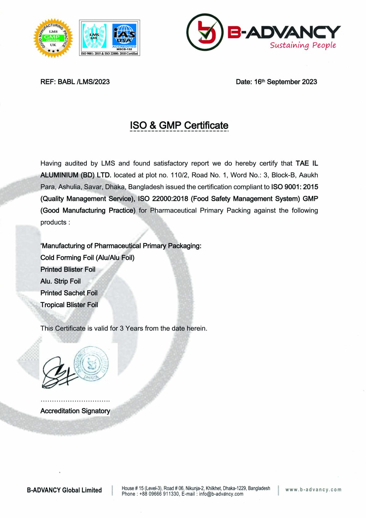 GMP,ISO and US-FDA CERTIFICATE